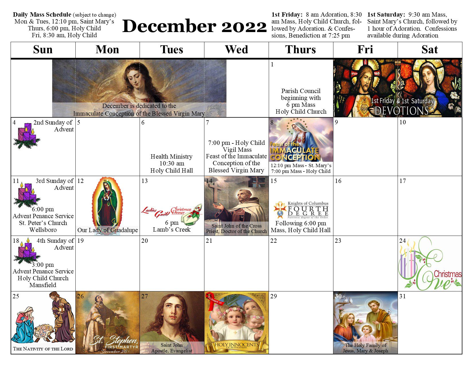 Monthly Calendar – Holy Child Parish